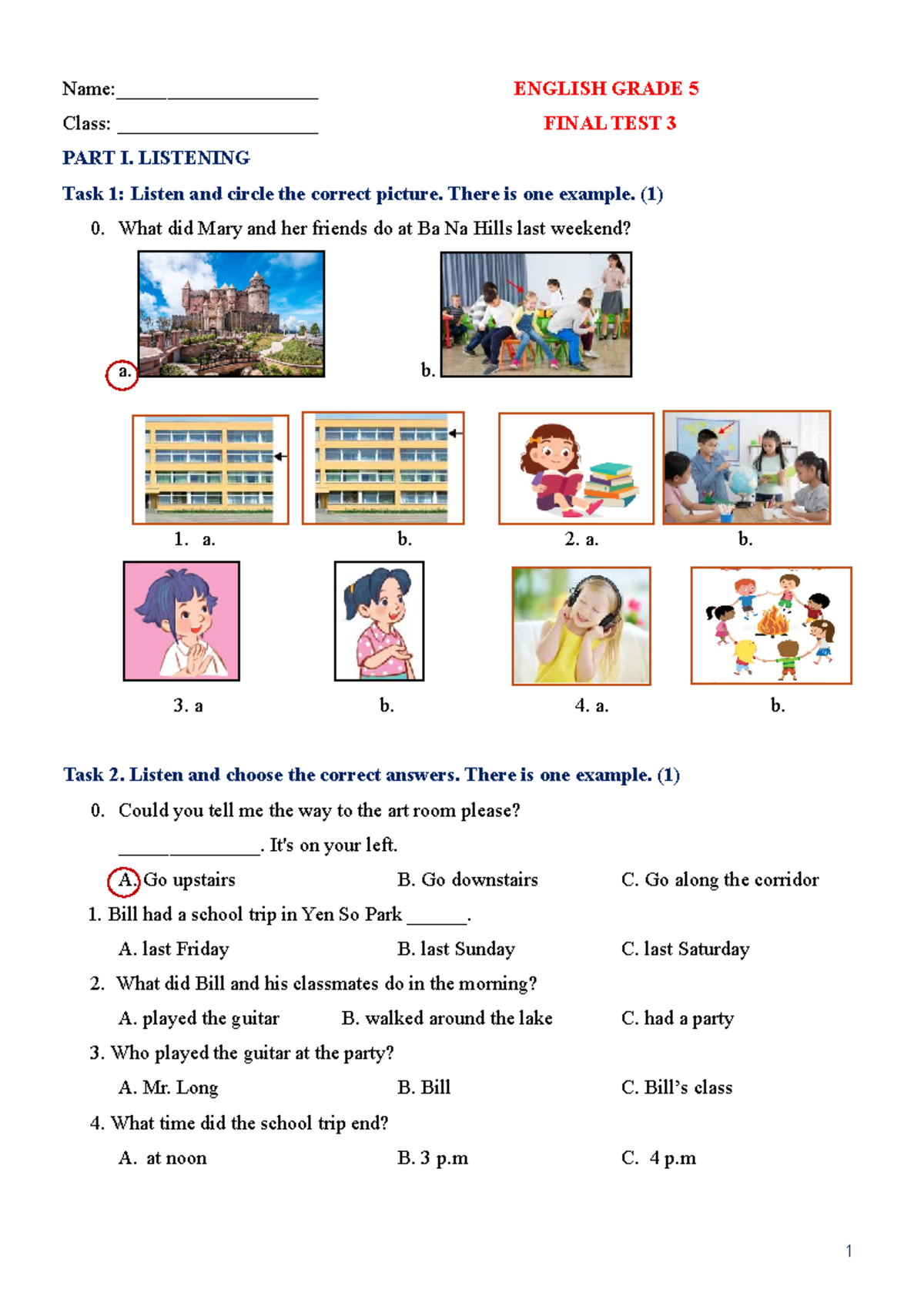 ENGLISH GRADE 5 - FINAL TEST 3: LISTENING & WRITING Tasks - Studocu