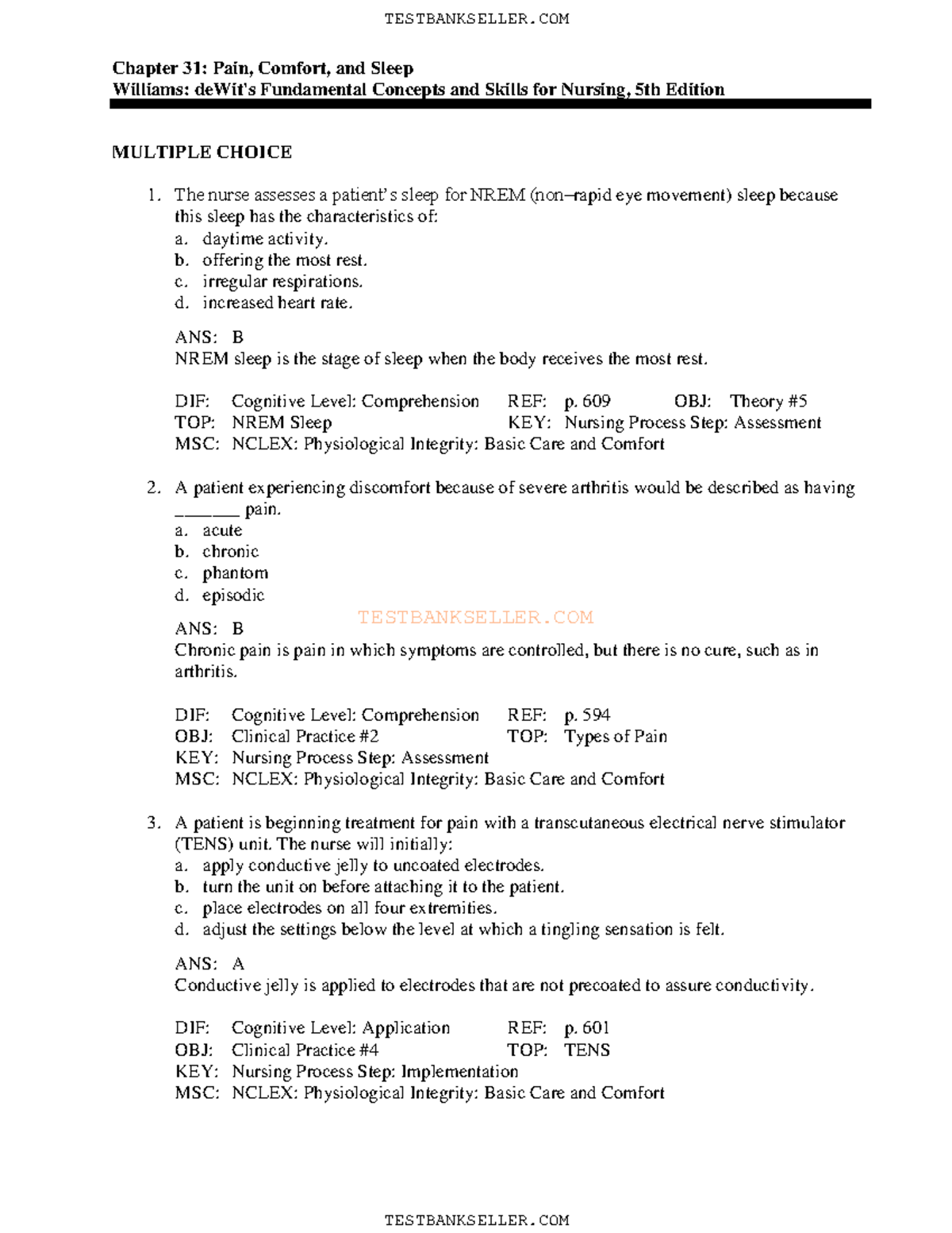 NUR 101 Chapter 31: Pain, Comfort, and Sleep Questions and Answers ...