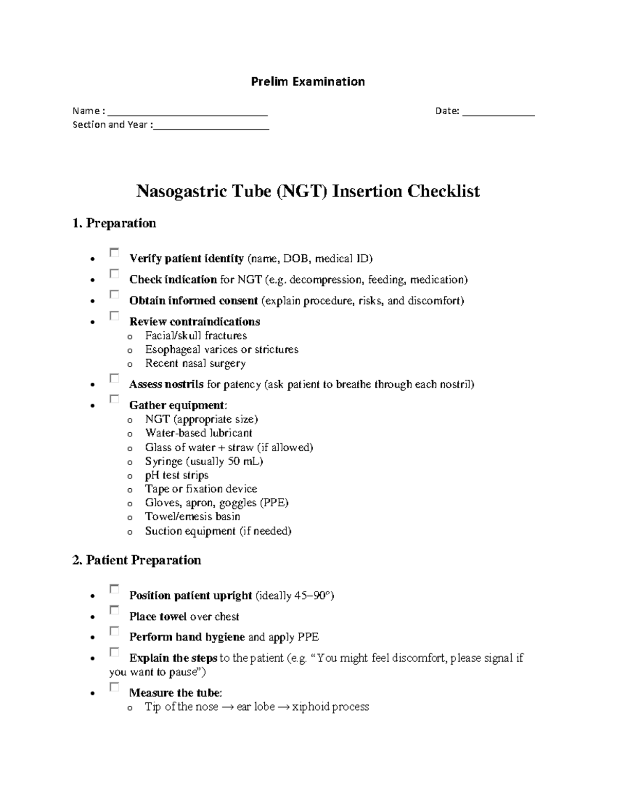 Prelim Exam: NGT Insertion Checklist and Procedure Guide - Studocu