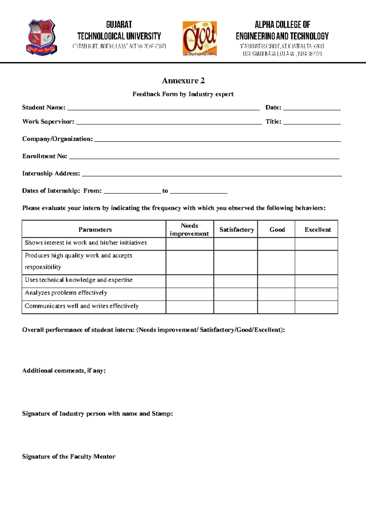 Annexure-2-internship - Annexure 2 Feedback Form by Industry expert ...