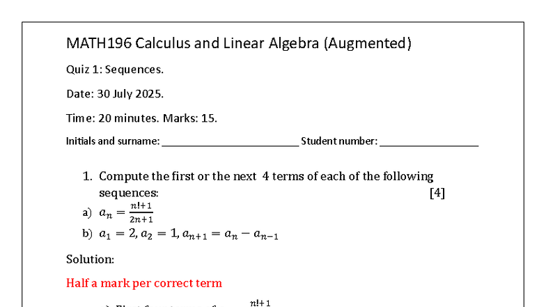 MATH196 Calculus & Linear Algebra Quiz 1 Memo: Sequences Solutions ...