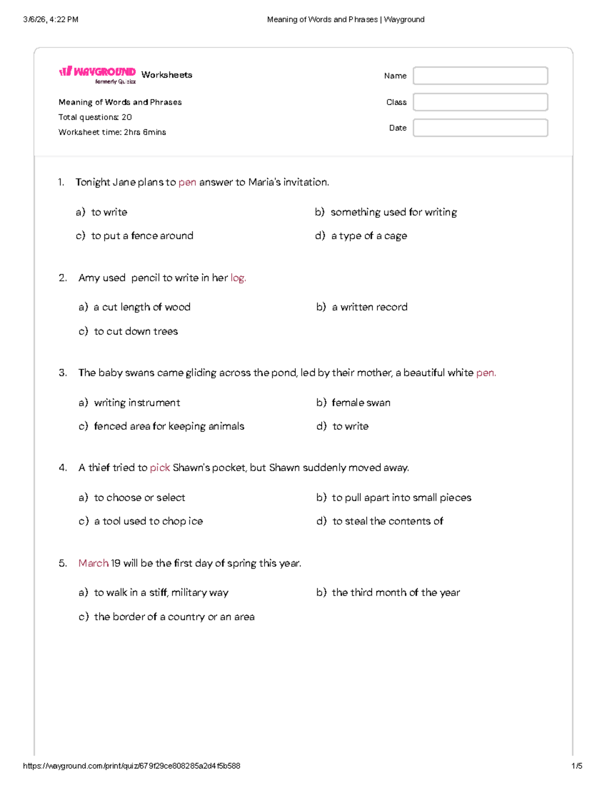 Meaning of Words and Phrases Wayground Worksheet - 20 Questions - Studocu