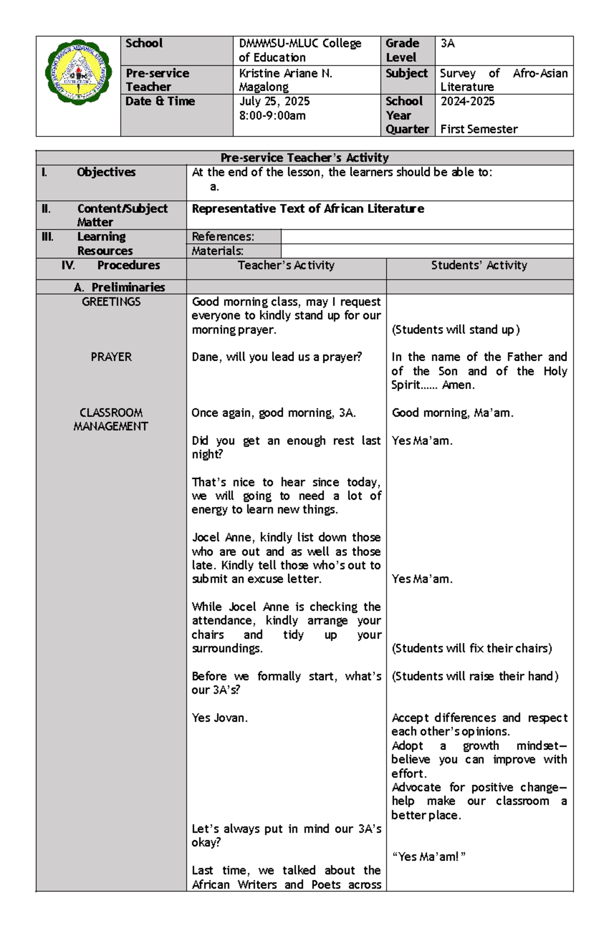 NEW LP Format - Activities for English 7 Pre-Service Teachers - Studocu
