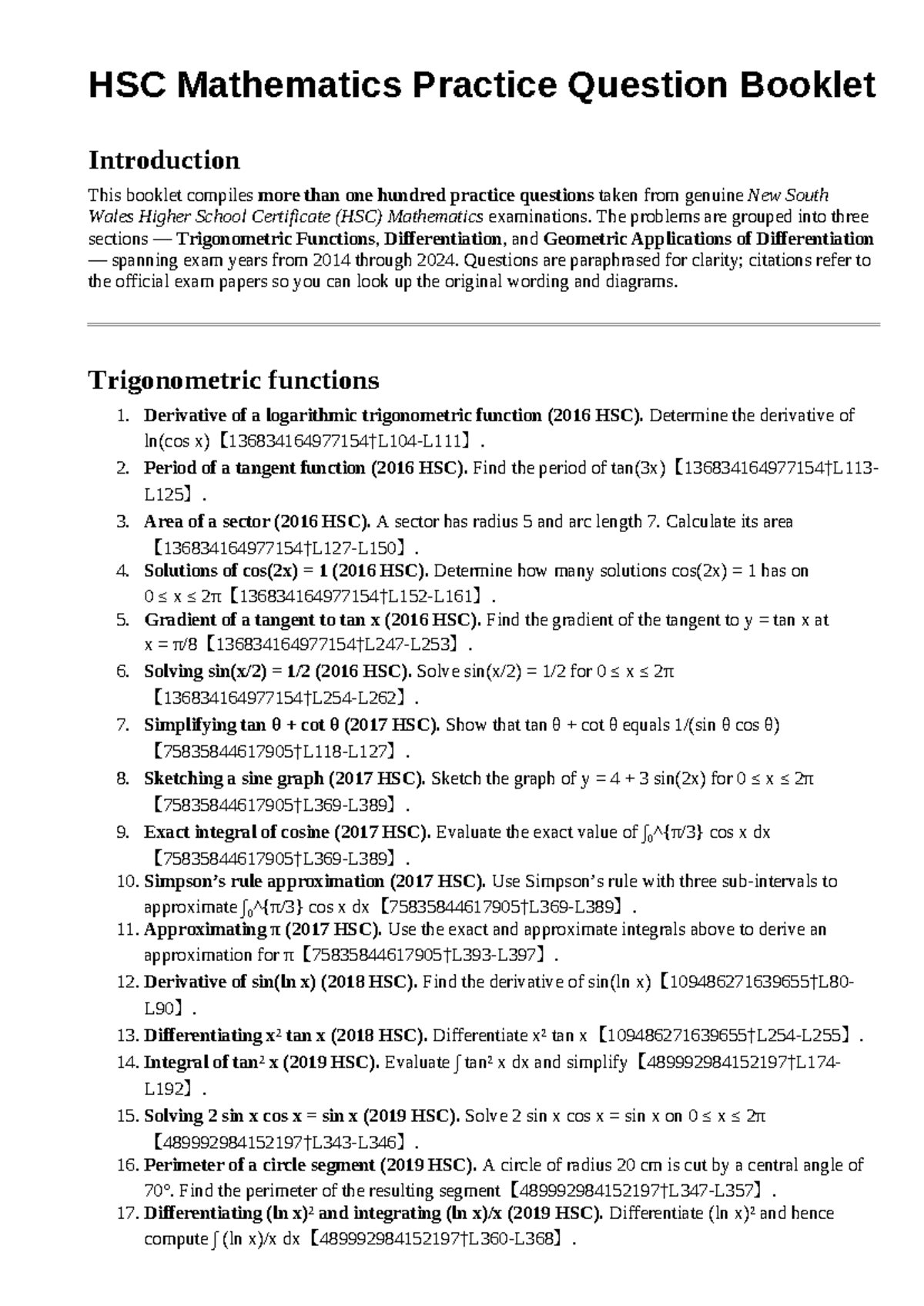 HSC Mathematics Practice Questions: Trigonometry, Differentiation ...