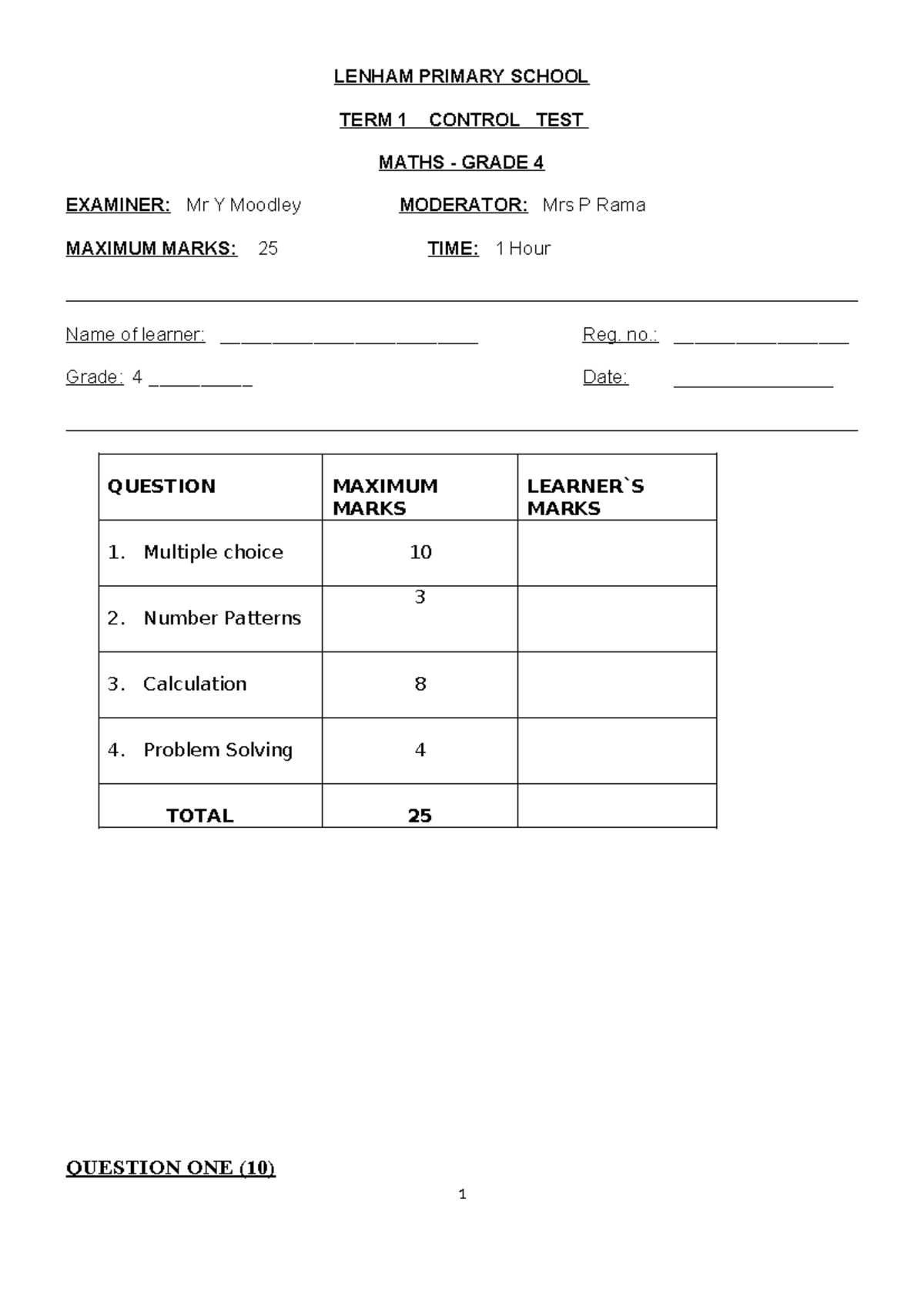 Maths March Control Test - Grade 4 - Max Marks: 25 - Studocu