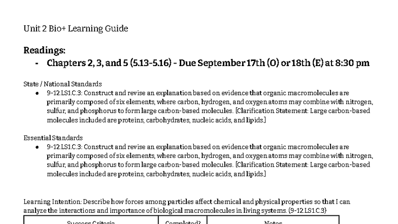 Unit 2 Learning Guide: Organic Macromolecules & Their Functions - Studocu