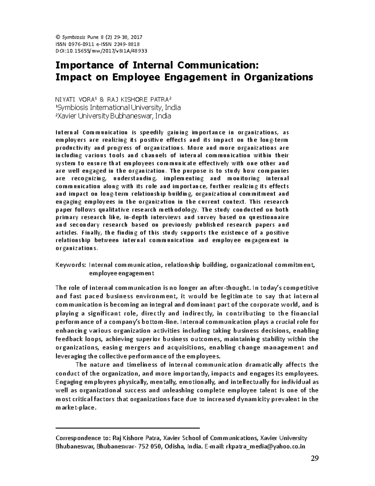 Importance of Internal Communication on Employee Engagement: A Study ...