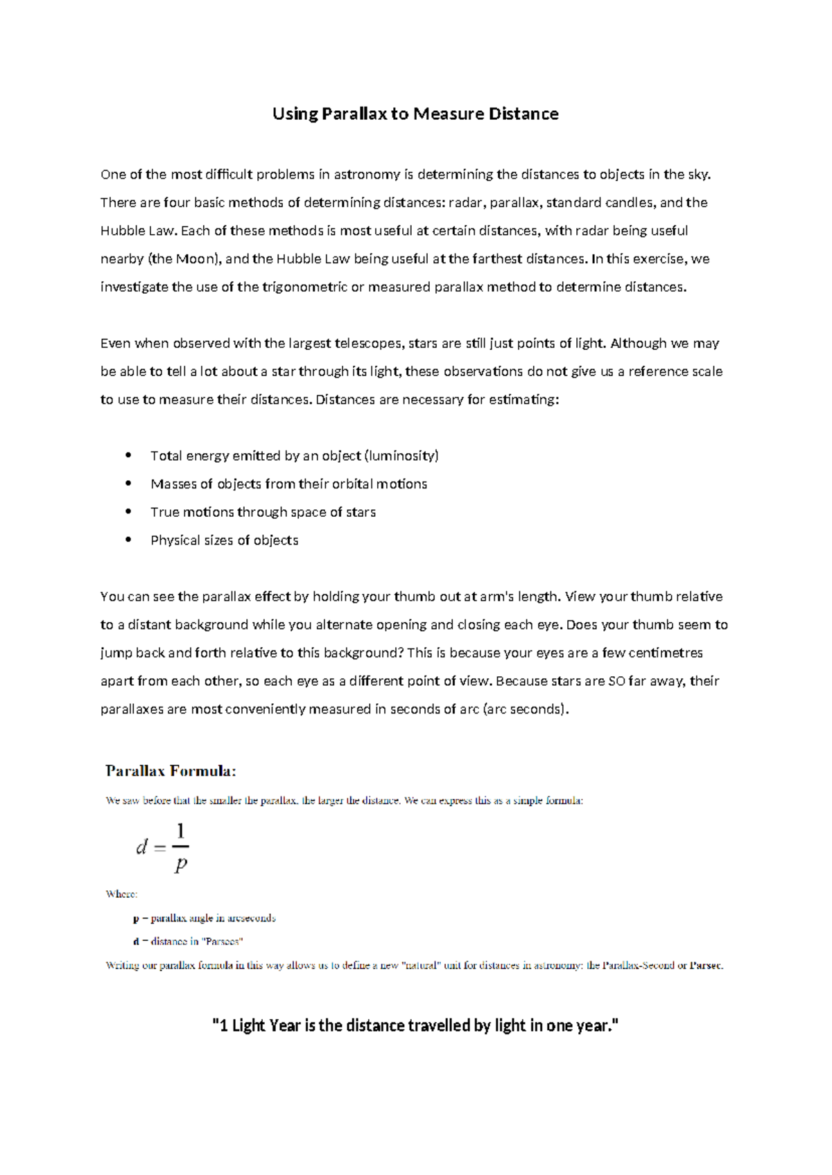 Using Parallax to Measure Distance: Worksheet for Astronomy Study - Studocu
