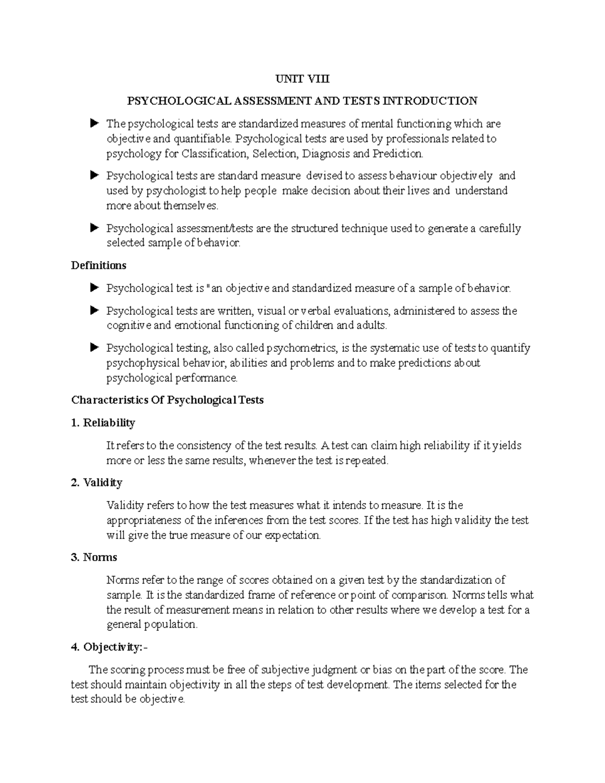 UNIT VIII Psychological Assessment & Testing: An Introductory Guide ...