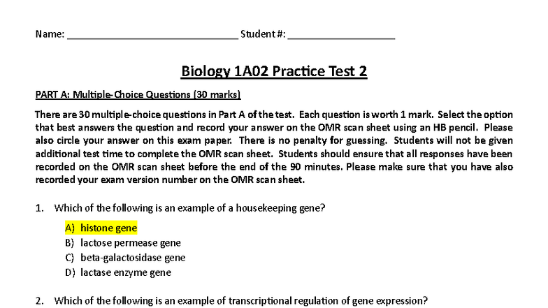 Biology 1A02 Practice Test 2 - Part A Questions & Answers - Studocu