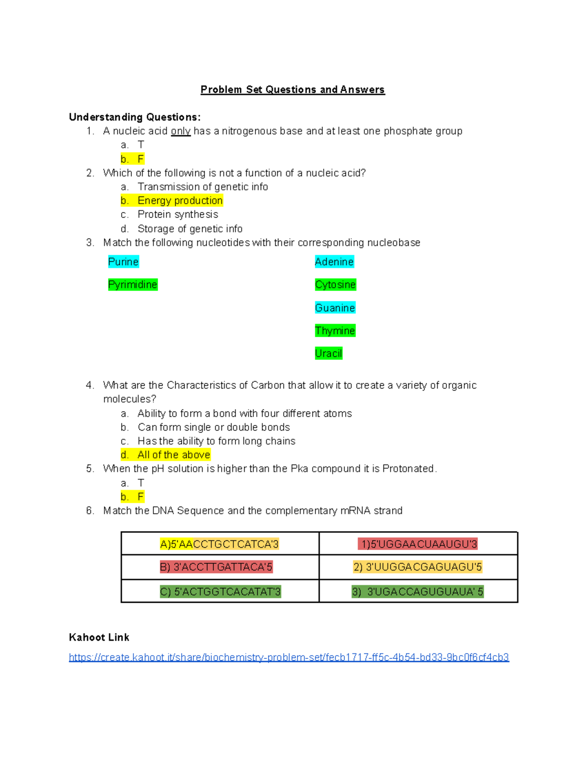 Biochemistry I Tutorial Problem Set and Solutions Nucleotides and Nucleic Acid - Problem Set ...
