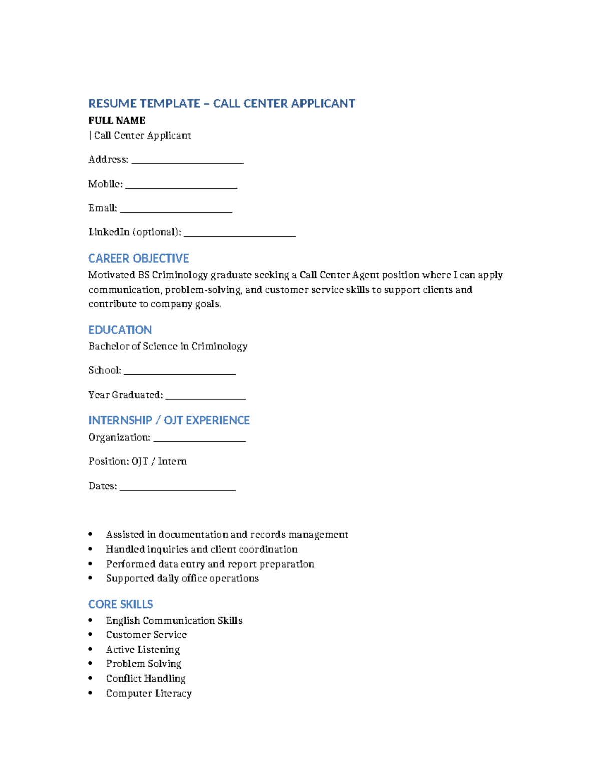 Call Center Resume Template for Criminology Graduates - Studocu