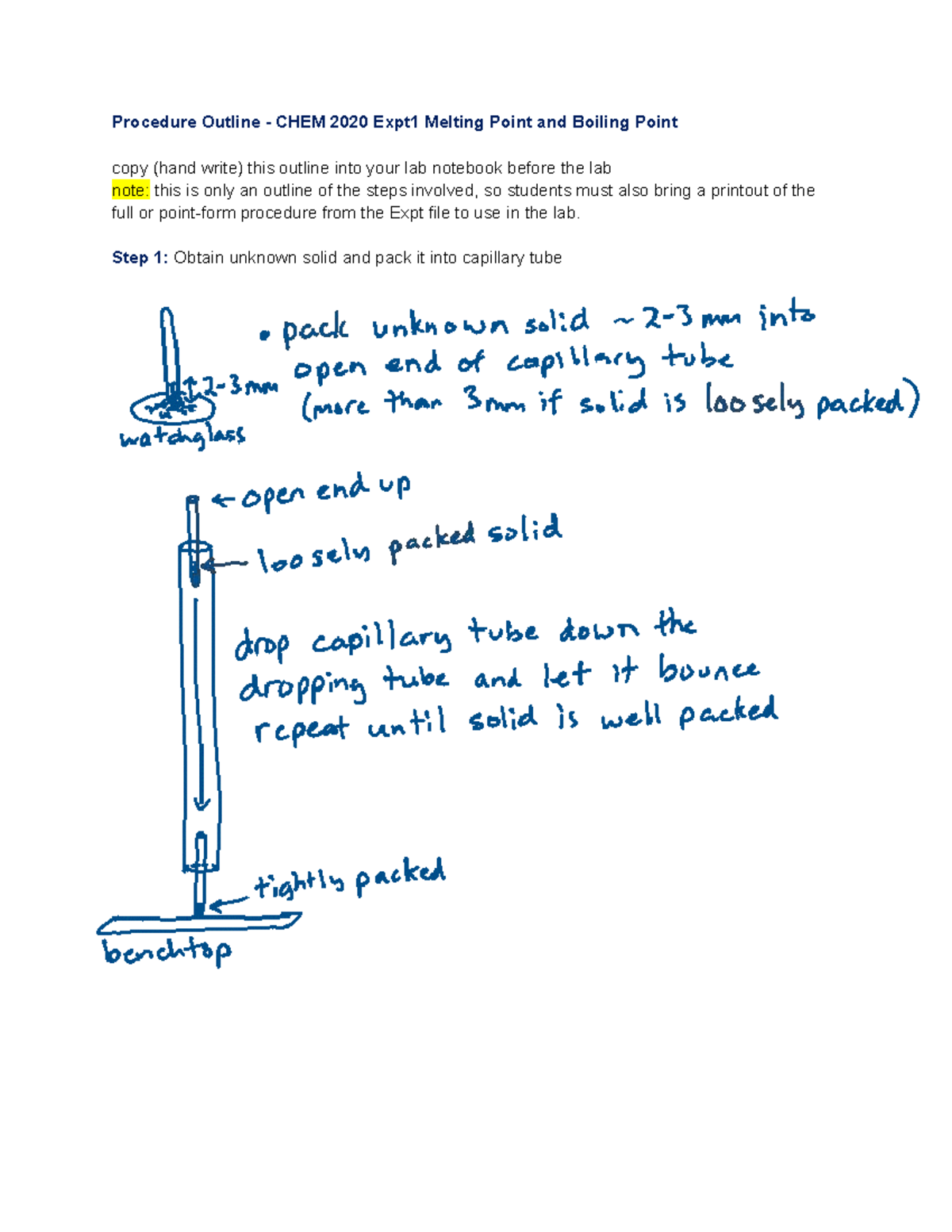 Procedure Outline for CHEM 2020 Expt 1: Melting & Boiling Points - Studocu