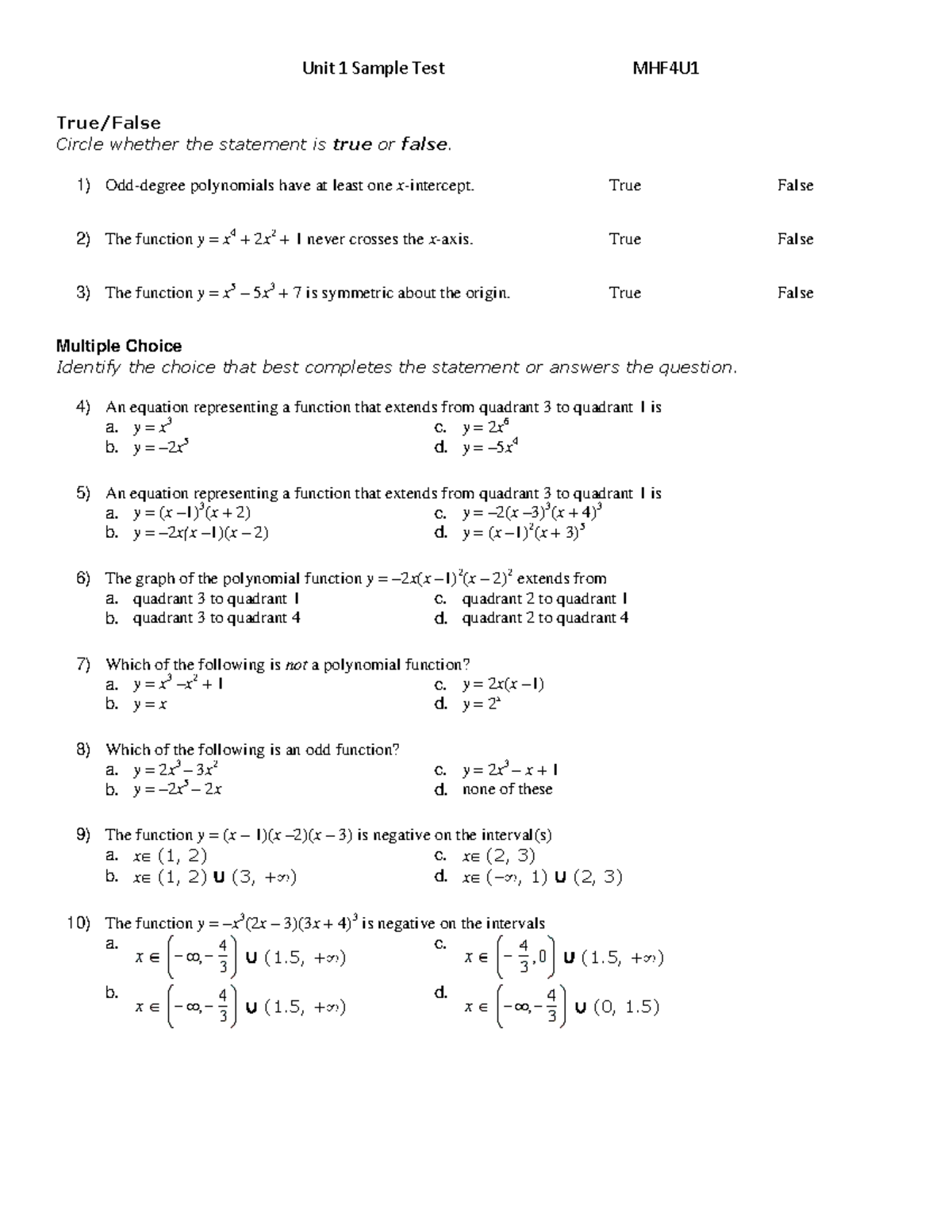 MHF4U Unit 1 Polynomials Practice Test and Review Guide - Studocu