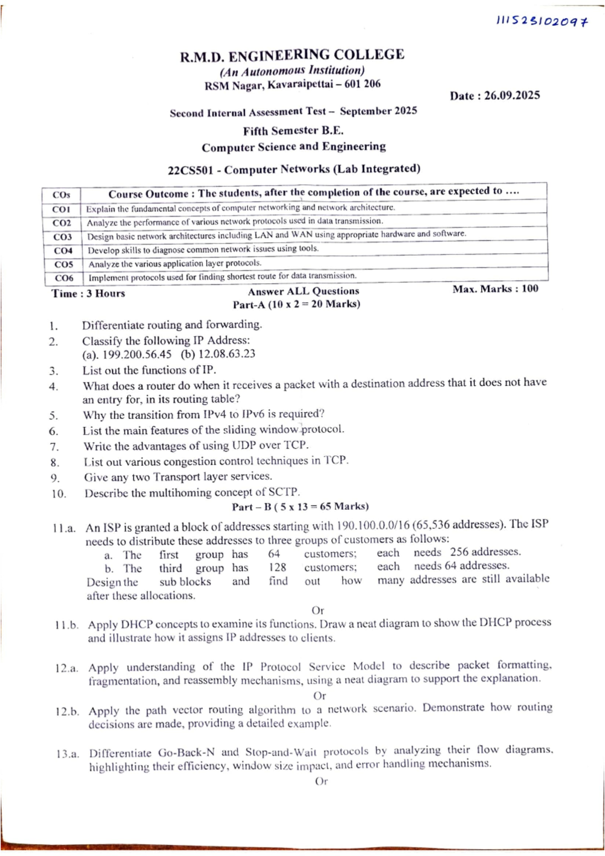 22CS501 Computer Networks Second Internal Assessment Test Sept 2025 ...