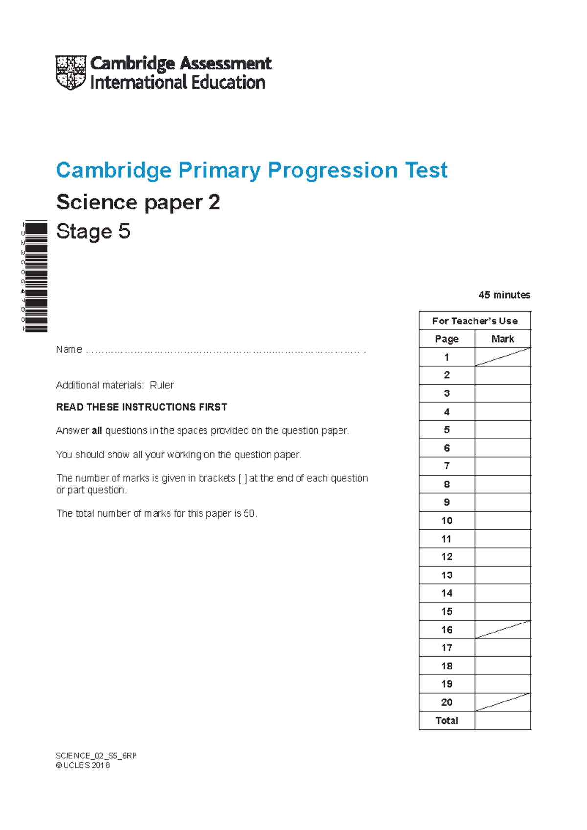 Cambridge Primary Progress Test Science Stage 5 Paper 2 QP tcm142 ...