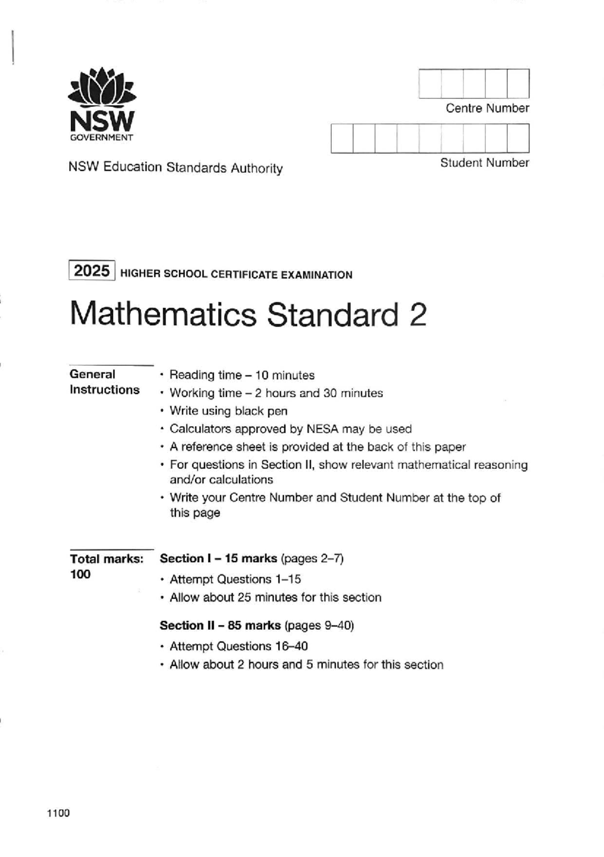2025 HSC Mathematics Standard 2 Exam Paper - Studocu