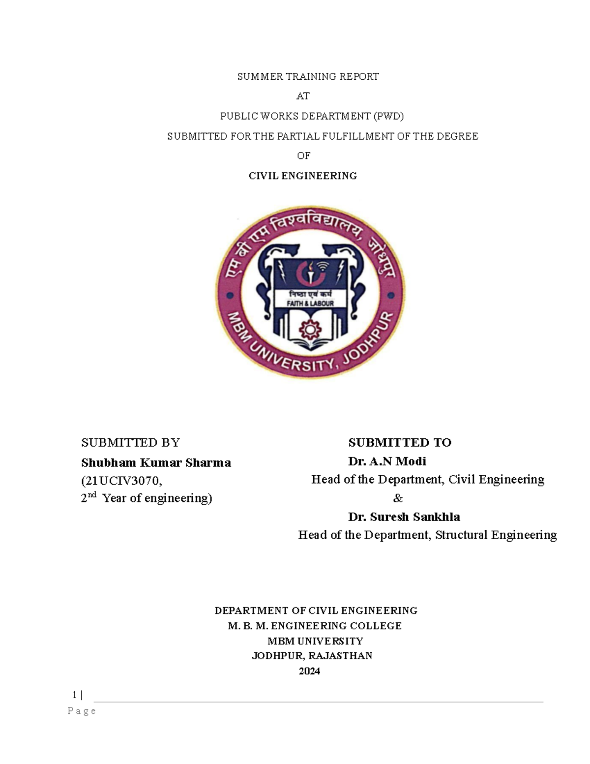 Summer Training Report at PWD - Civil Engineering (21UCIV3070) - Studocu