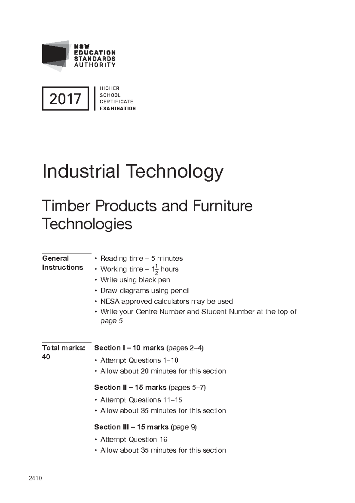 2017 HSC Industrial Technology Timber Products Exam Instructions - Studocu