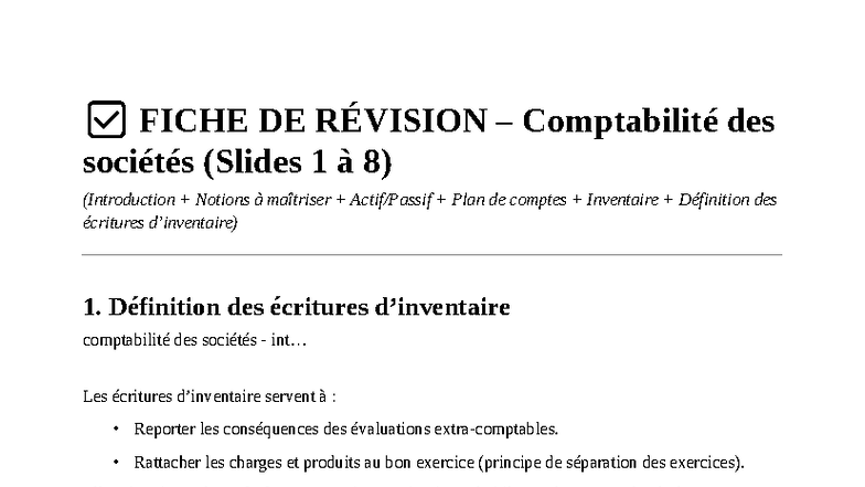FICHE DE RÉVISION - Comptabilité des Sociétés (Slides 1 à 8) - Studocu