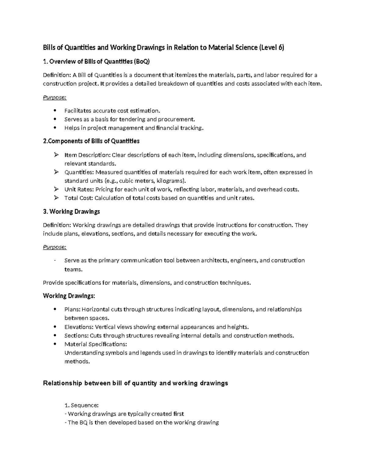 Bills of Quantities & Working Drawings in Material Science (Level 6 ...