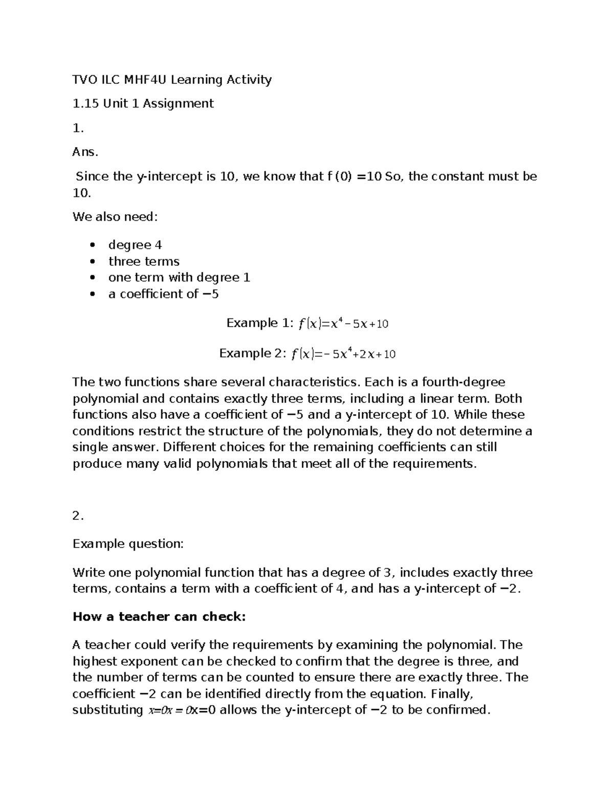 TVO ILC MHF4U Unit 1 Assignment: Polynomial Functions & Analysis - Studocu