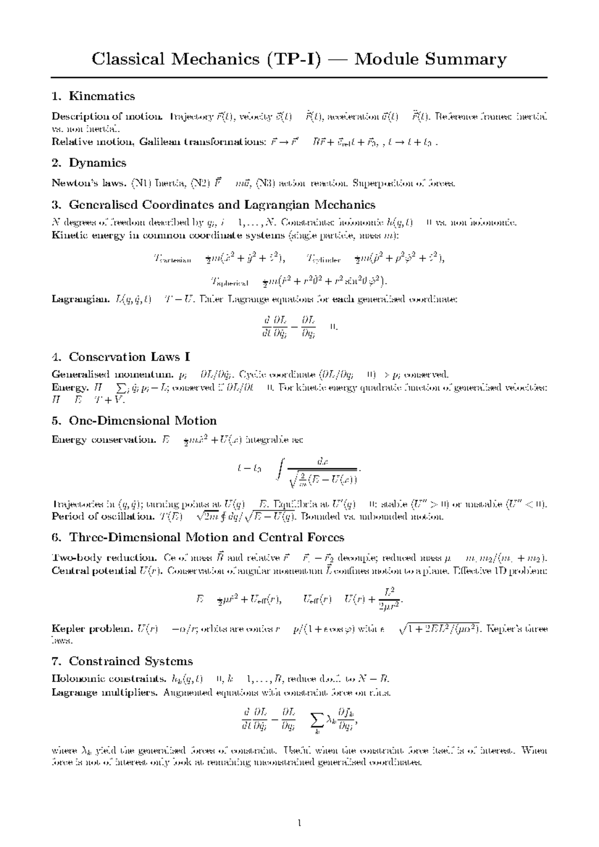 Classical Mechanics TP-I Summary: Kinematics & Dynamics Overview - Studocu