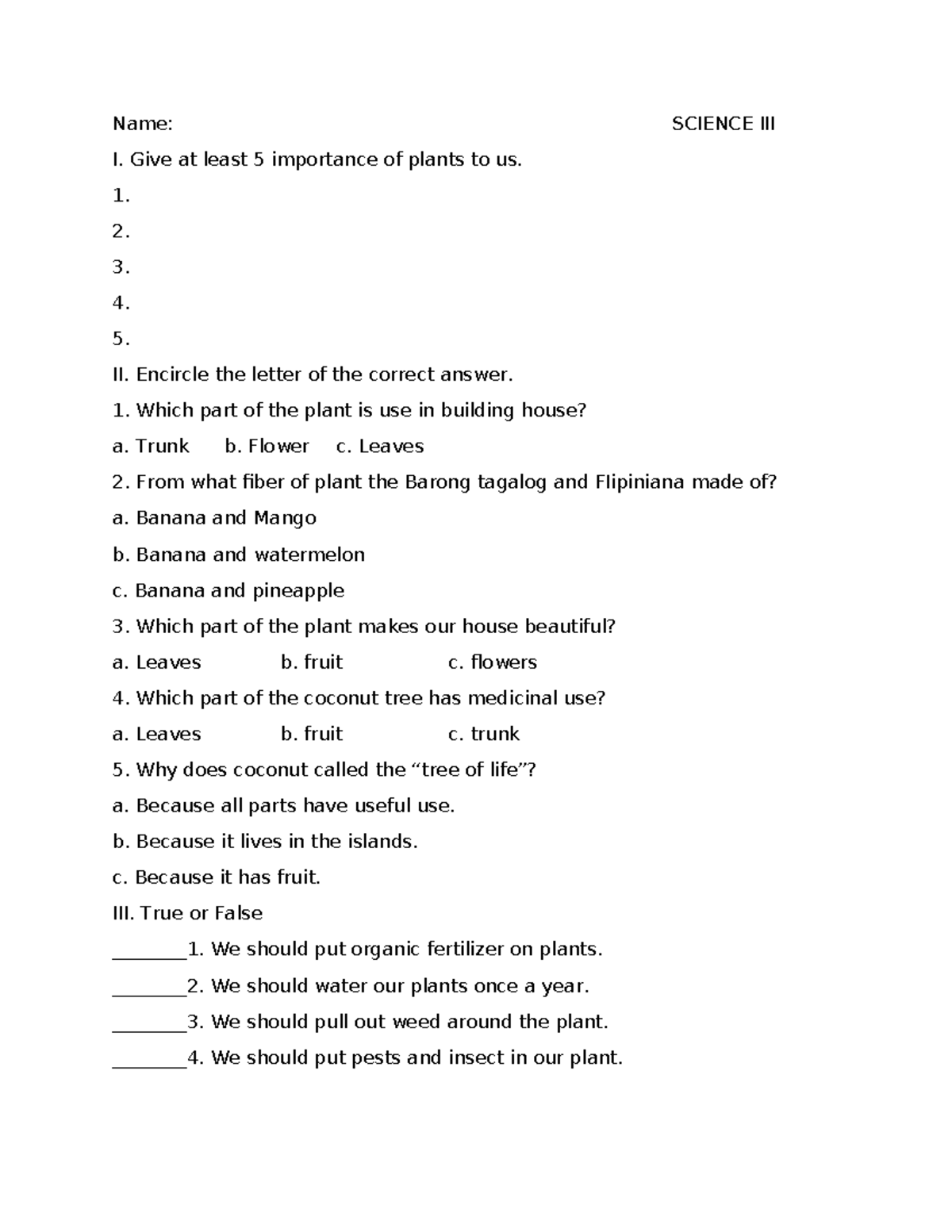 Practice drills for grade 3 Science - Name: SCIENCE III I. Give at ...