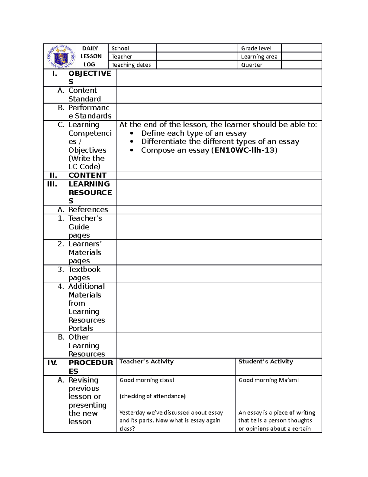 Types of Essays - Lesson Plan Overview (DLL 083859) - Studocu