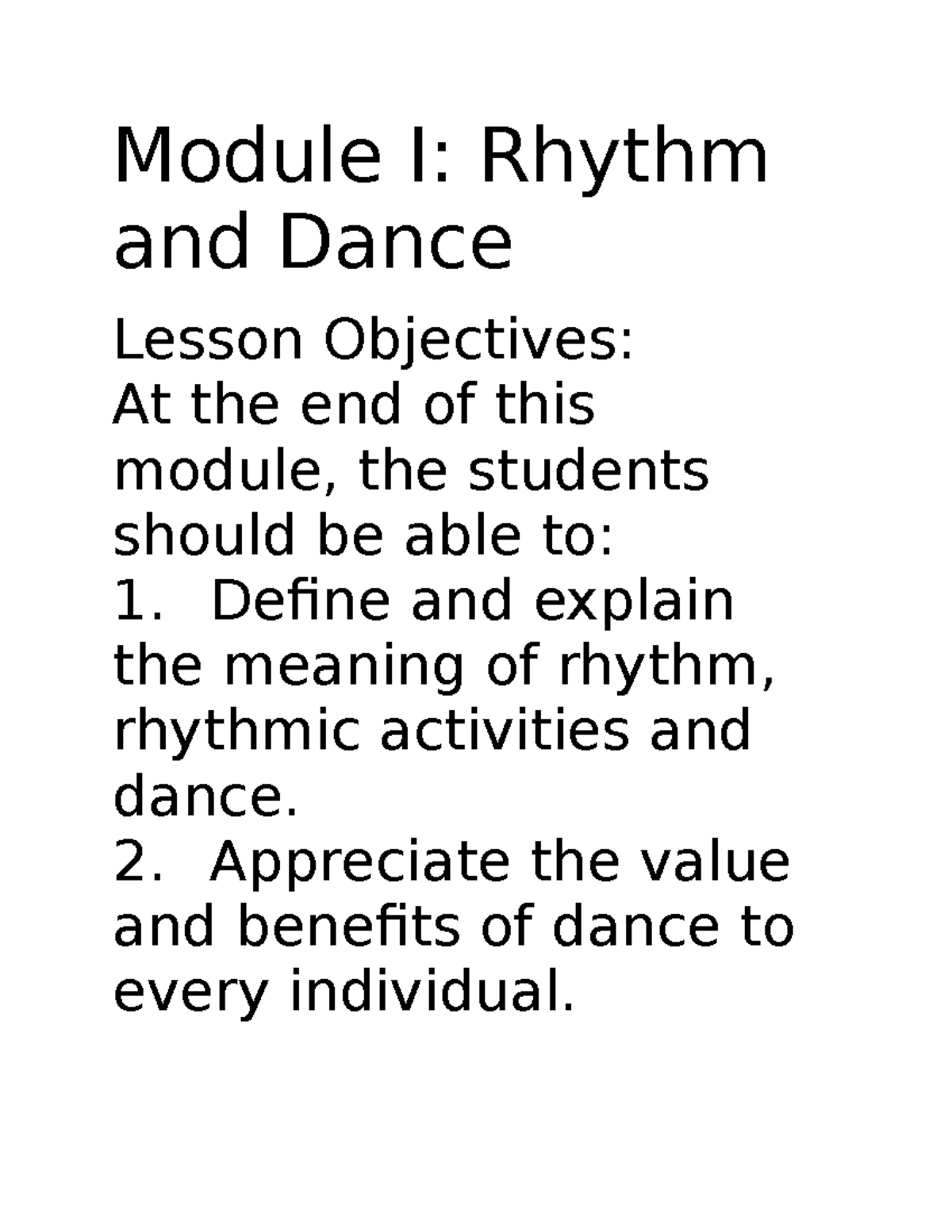 Module I Rhythm AND Dance - Module I: Rhythm and Dance Lesson ...