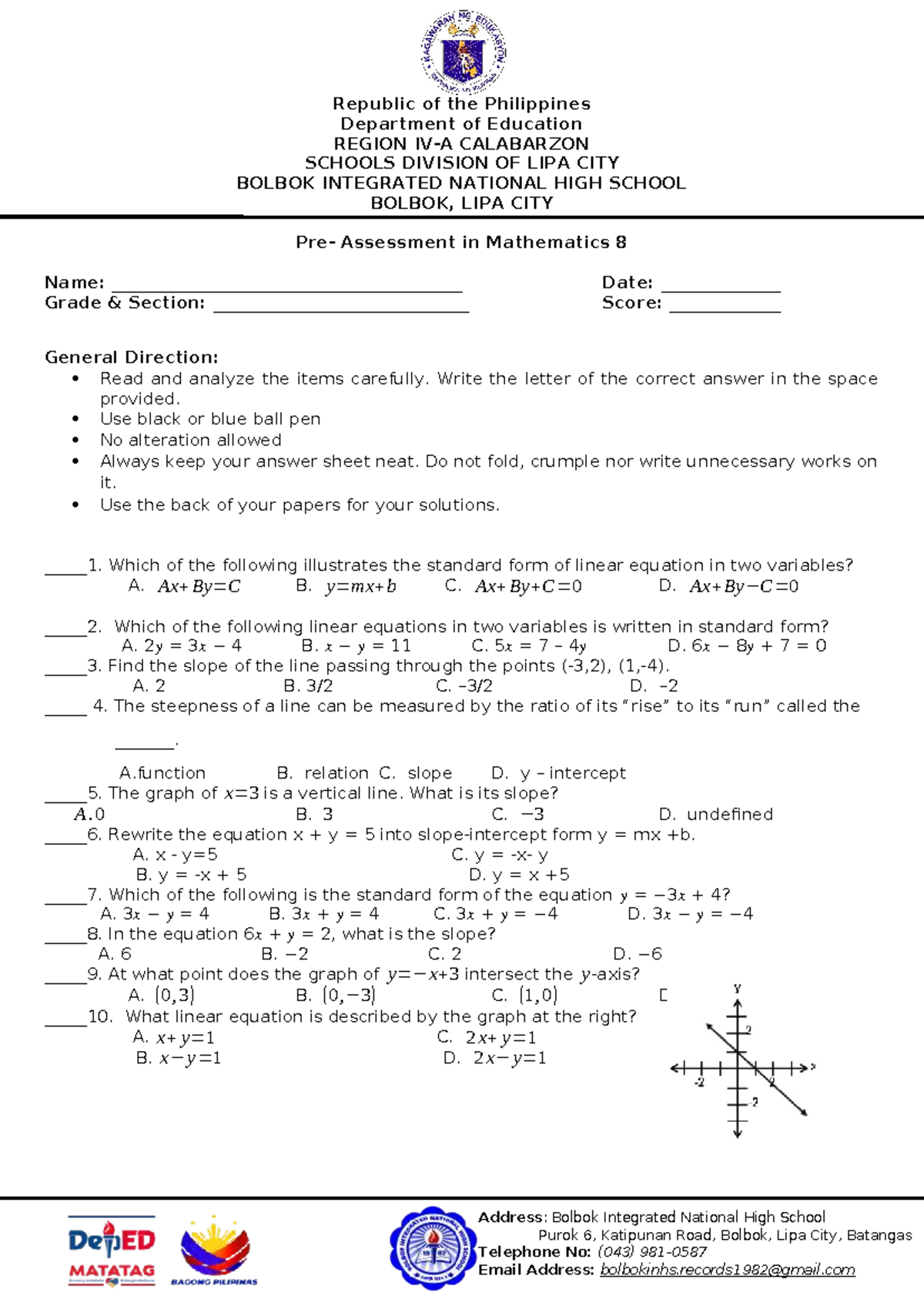 Math 8 Care +1 - Pre Test on Linear Equations and Functions - Studocu