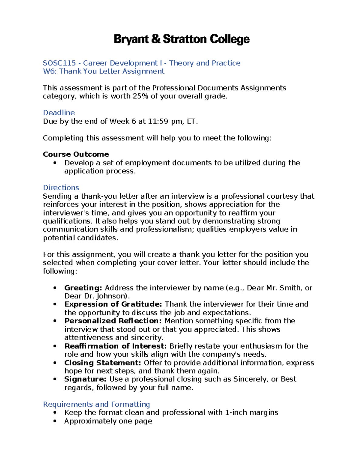 SOSC115 W6: Thank You Letter Assignment Guidelines - Studocu