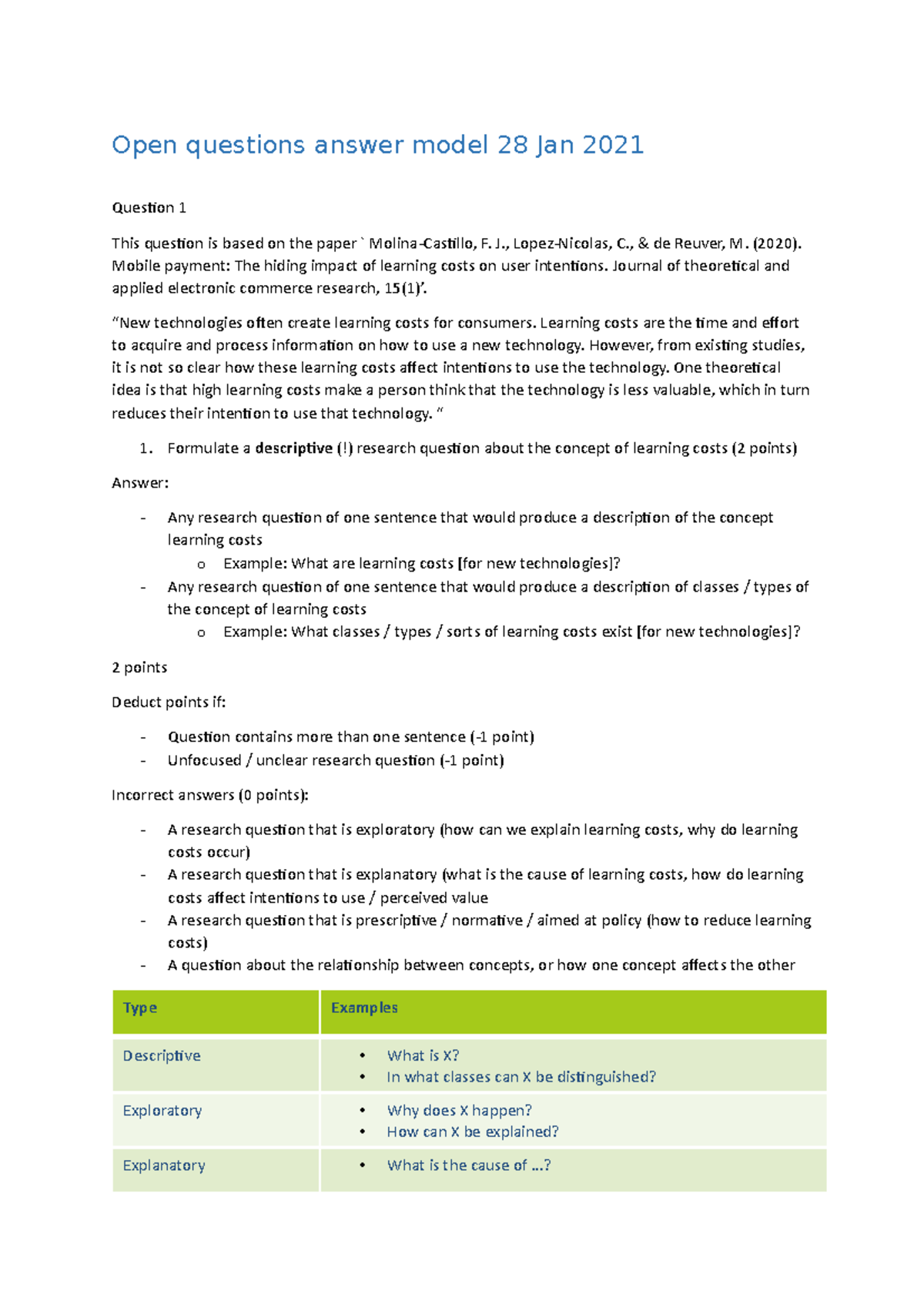 Answer Model for Open Questions 1-4 (Course Code: XYZ123) - Studeersnel