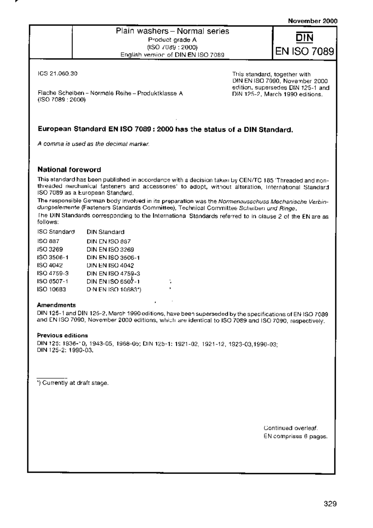 DIN EN ISO 7089: November Standard for Plain Washers, Product Grade A ...