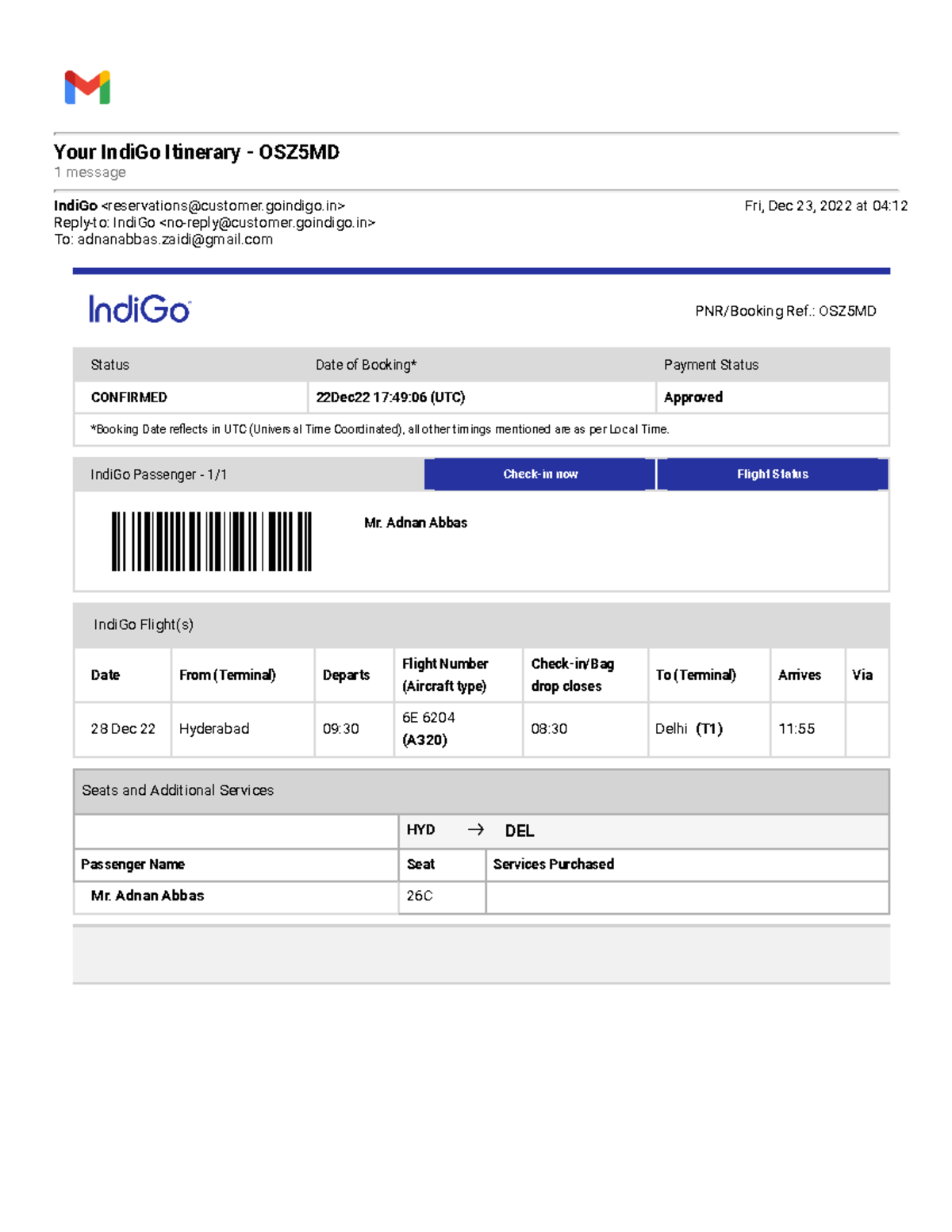 IndiGo Flight Itinerary Confirmation - OSZ5MD - Studocu