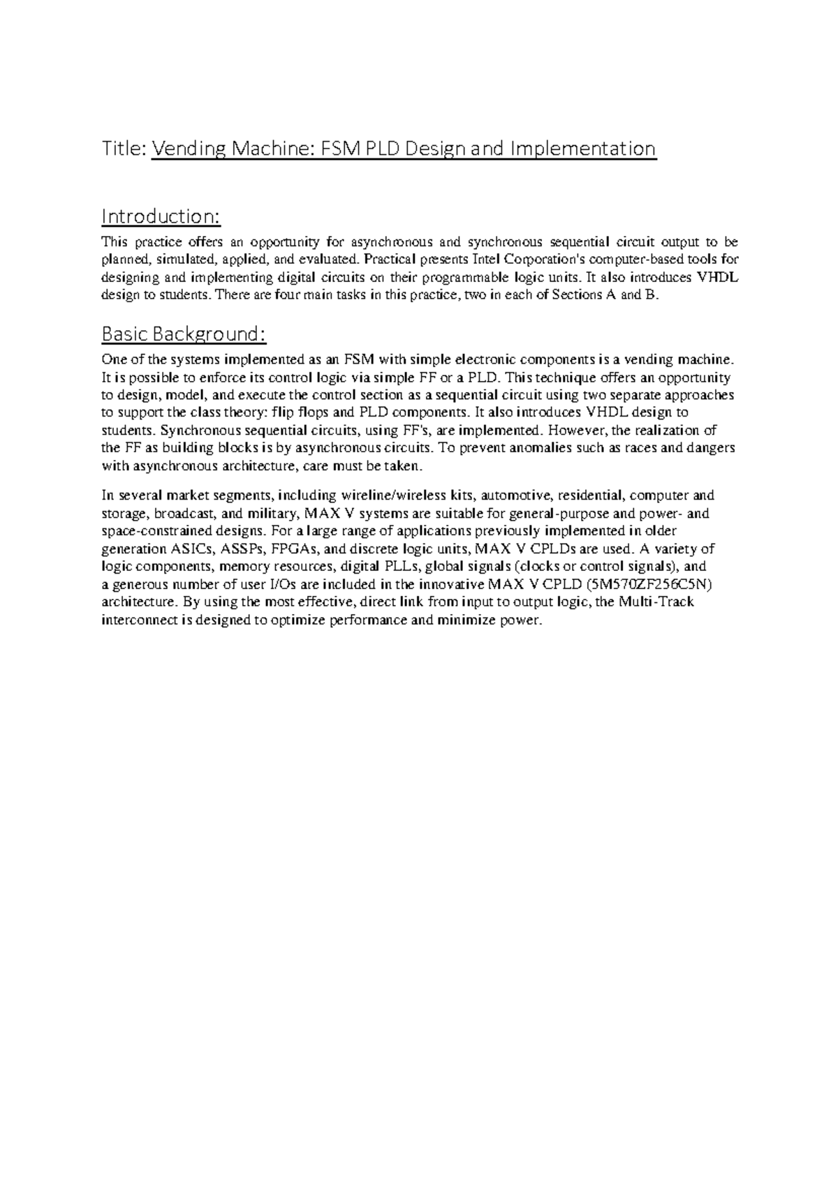 LAB Report 2 - Vending Machine FSM Design & Implementation - Studocu