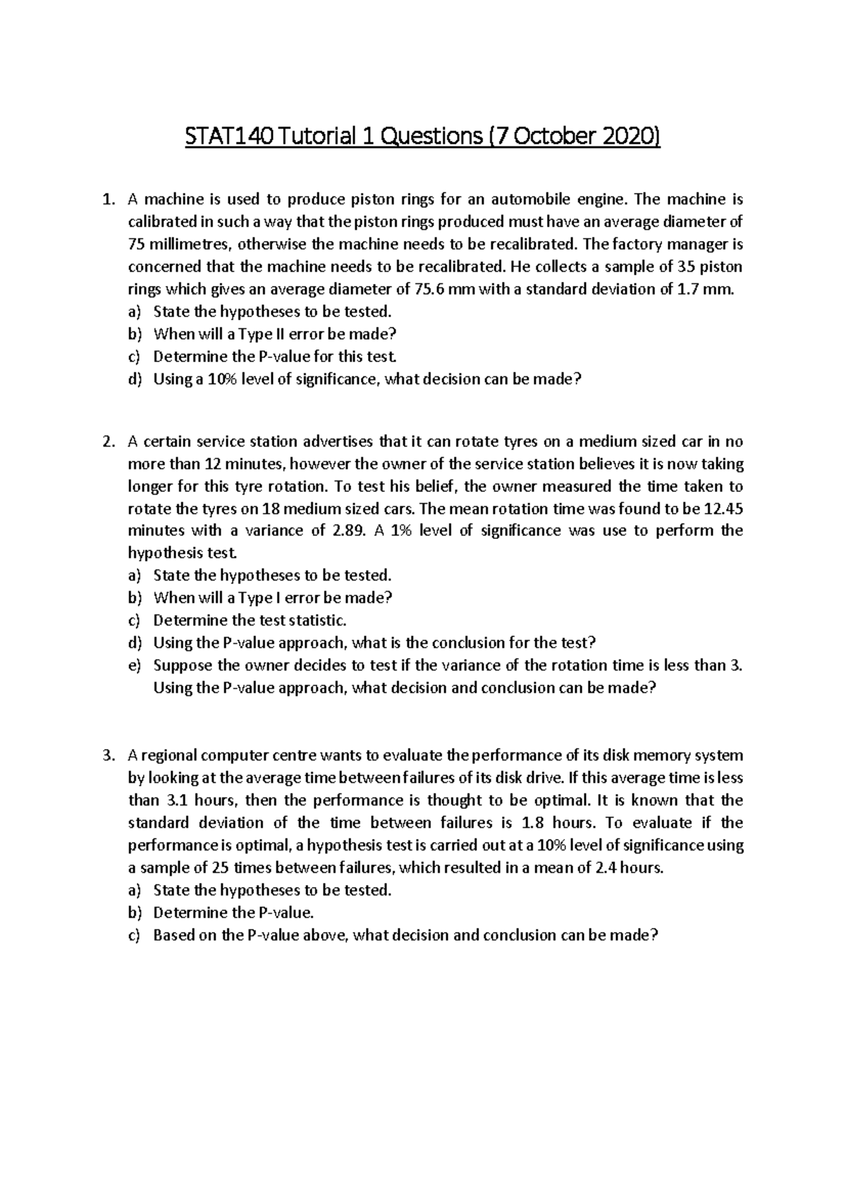 STAT140 Tutorial 1: Hypothesis Testing Questions and Analysis - Studocu