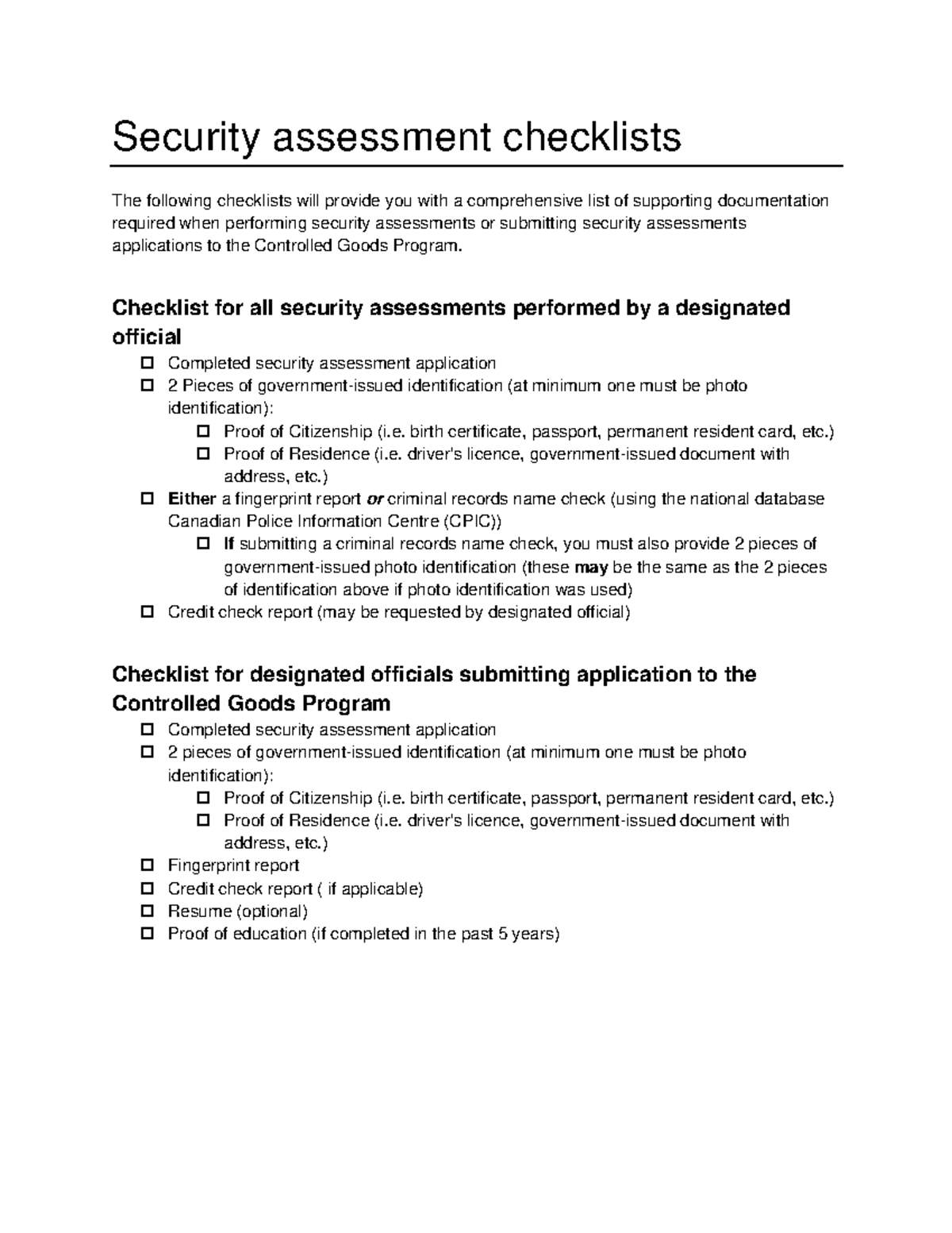 Security Assessment Checklist for Controlled Goods Program Applications ...