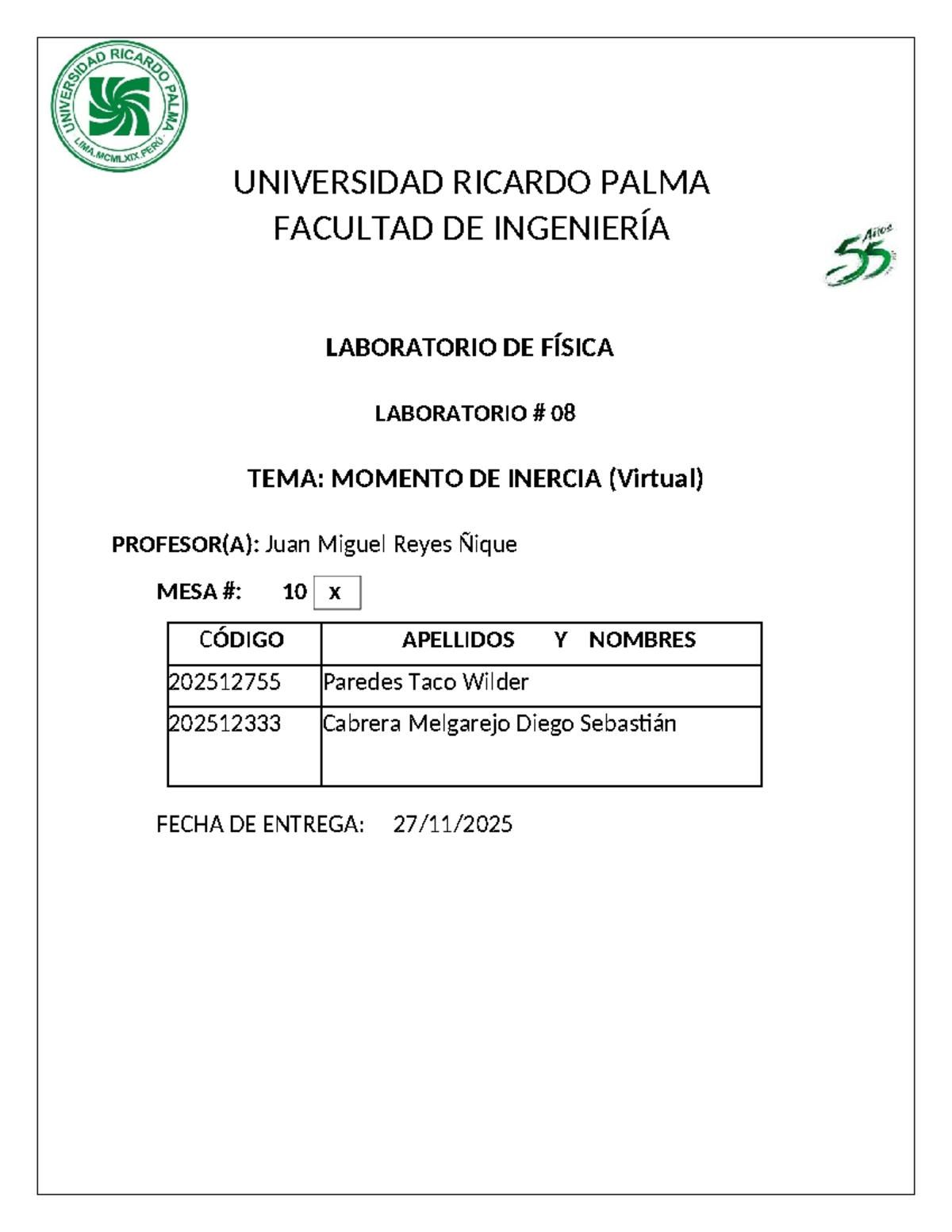 Informe del Lab 08 - Momento de Inercia (Física) - Studocu