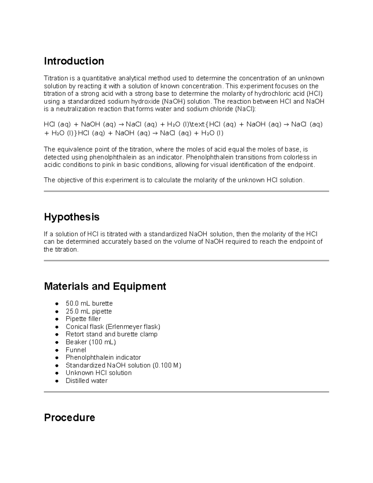 Grade 12 Titration Lab Report - Determining HCl Molarity - Studocu