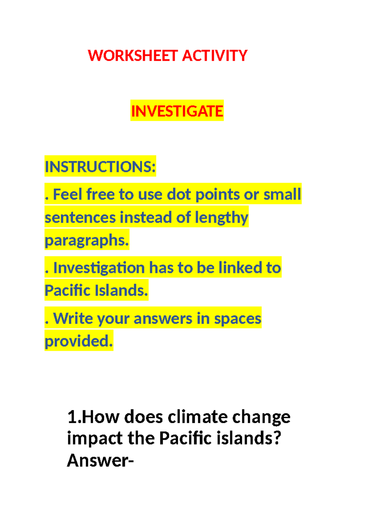 Worksheet Activity Pacific Islands - WORKSHEET ACTIVITY INVESTIGATE ...