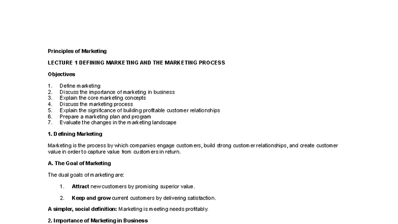 Principles of Marketing LECTURE NOTES 1-7: Key Concepts and Strategies ...