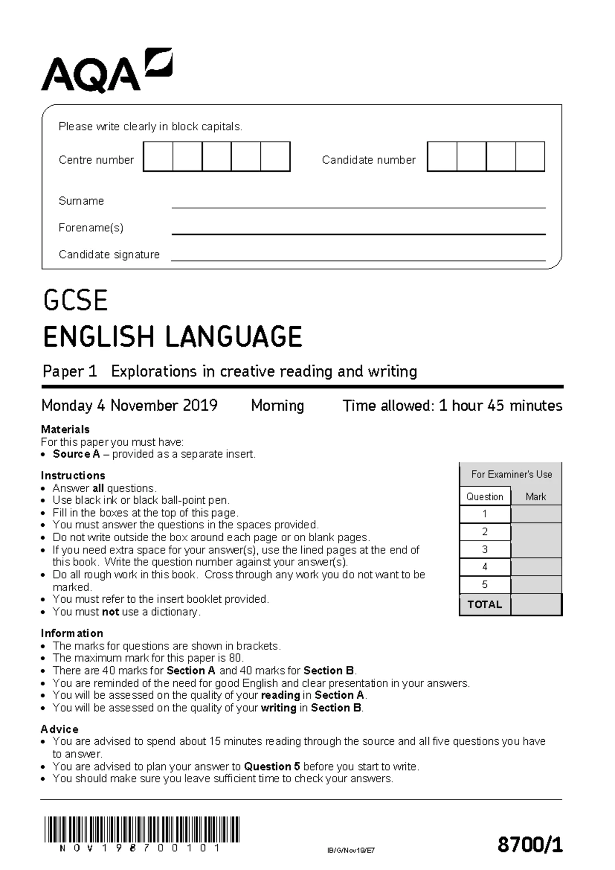 GCSE English Language Paper 1 Insert - Prose Fiction Extract 2019 - Studocu