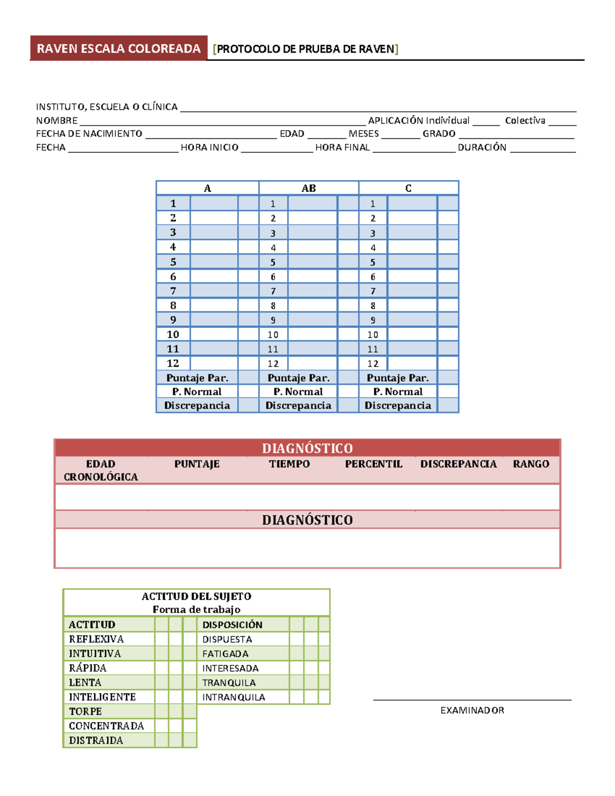 Protocolo de Prueba de Raven Escala Coloreada: Diagnóstico y Evaluación - Studocu
