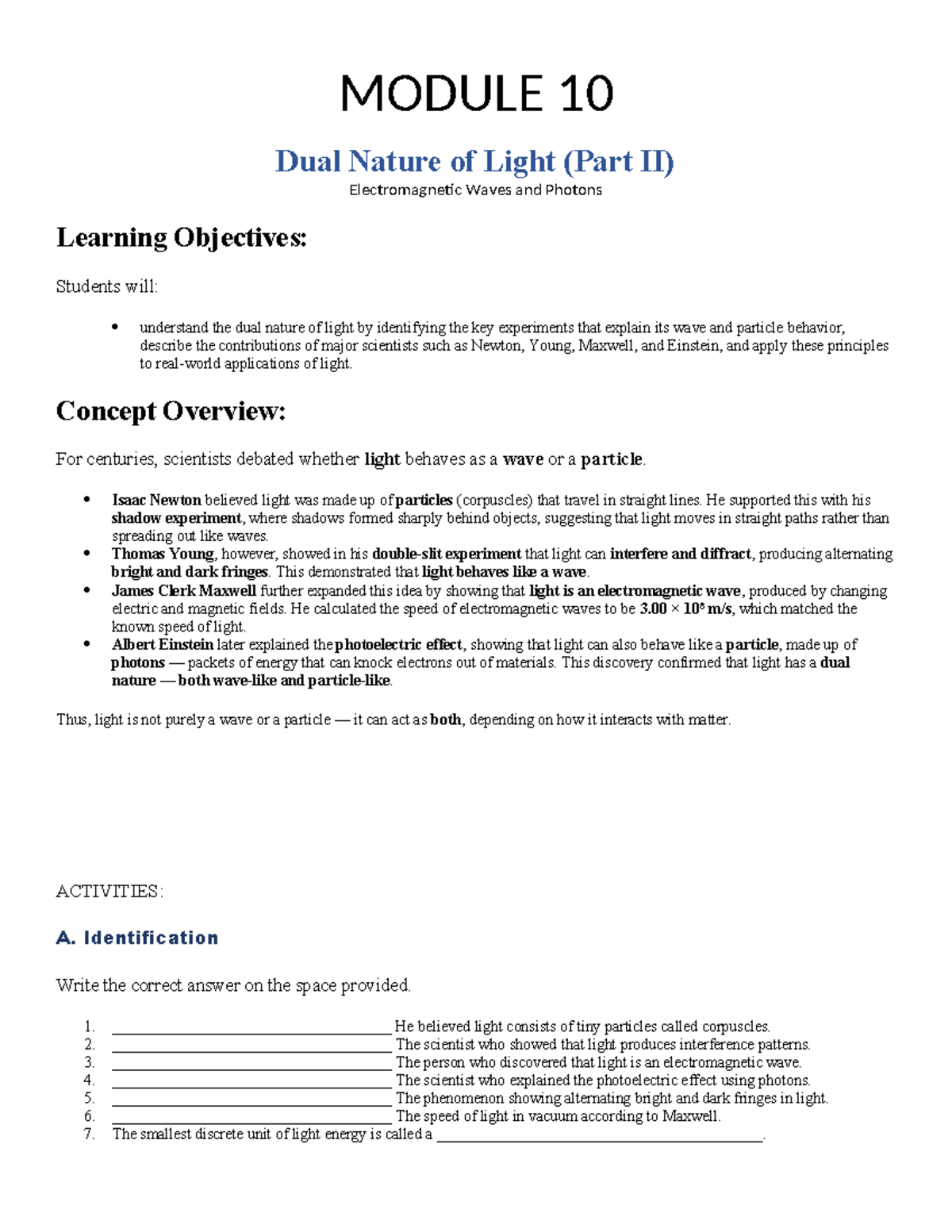 MODULE 10: Dual Nature of Light - Electromagnetic Waves & Photons - Studocu