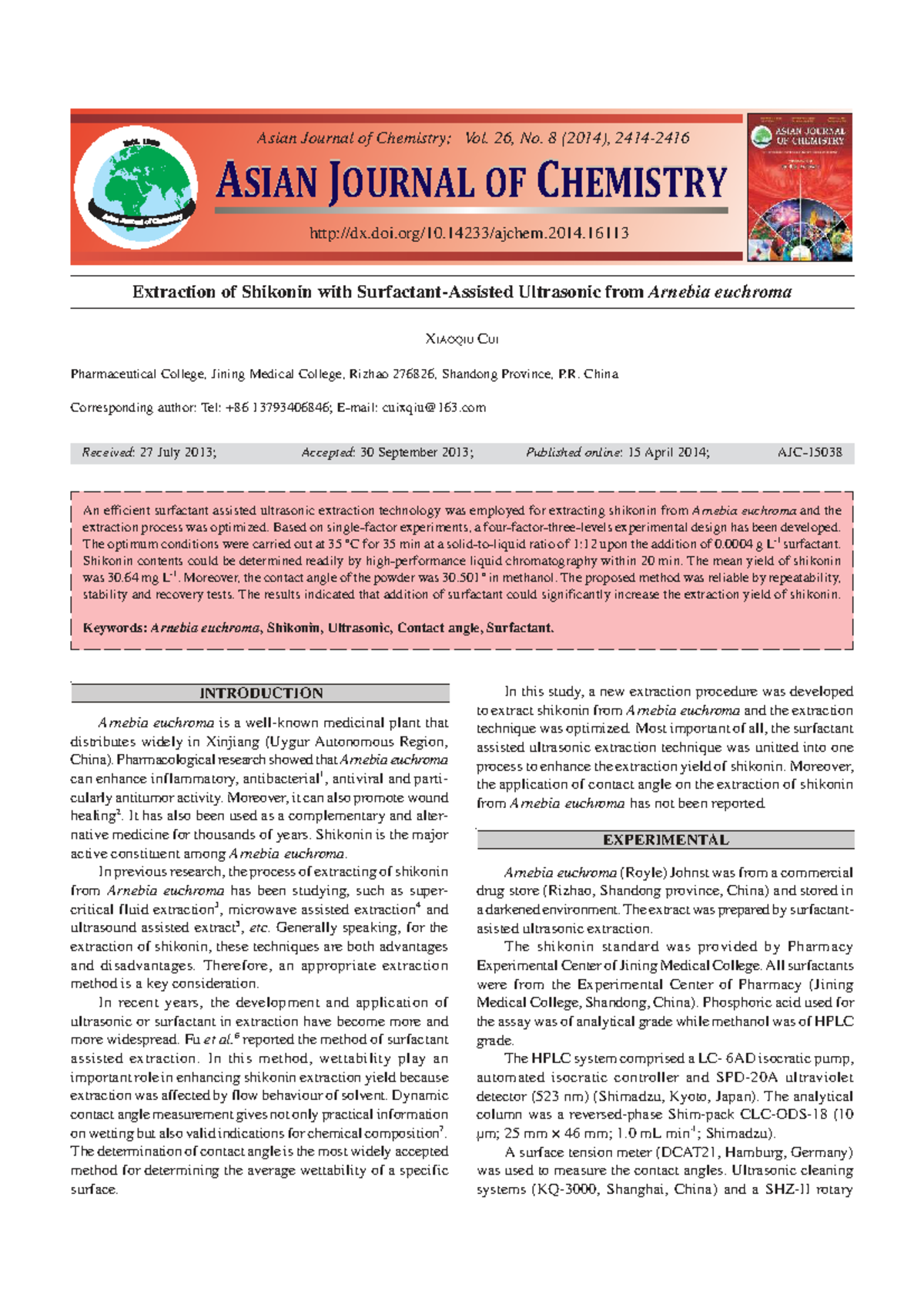 AJC 26: Ultrasonic Extraction of Shikonin from Arnebia euchroma - Studocu