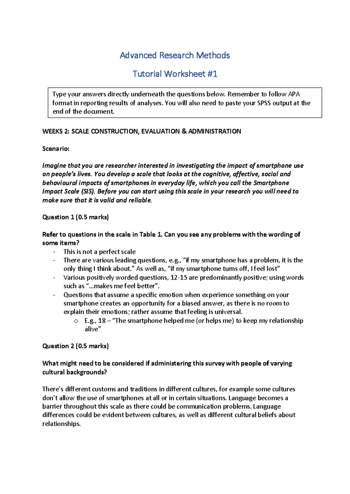 tutorial worksheet for week 2, 3, 4, and 5 - Advanced Research Methods ...