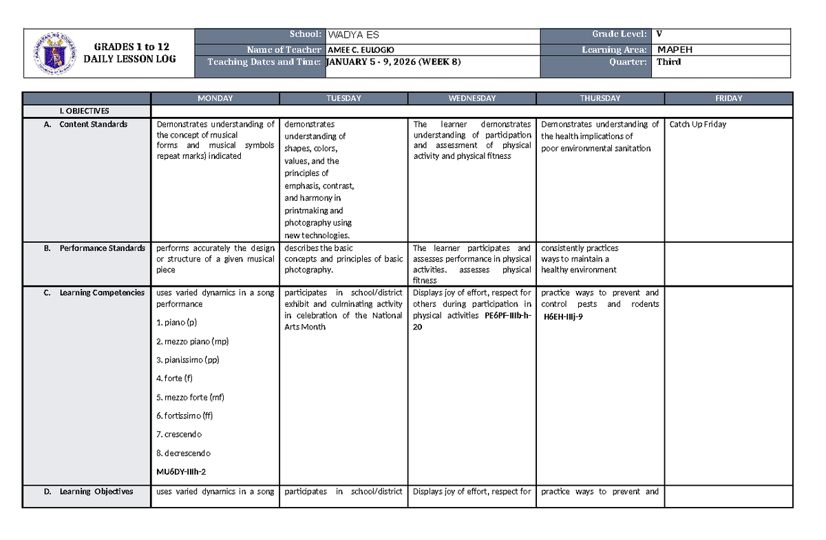 DLL MAPEH 6 Q3 W8 - Daily Lesson Log for Music and Arts - Studocu
