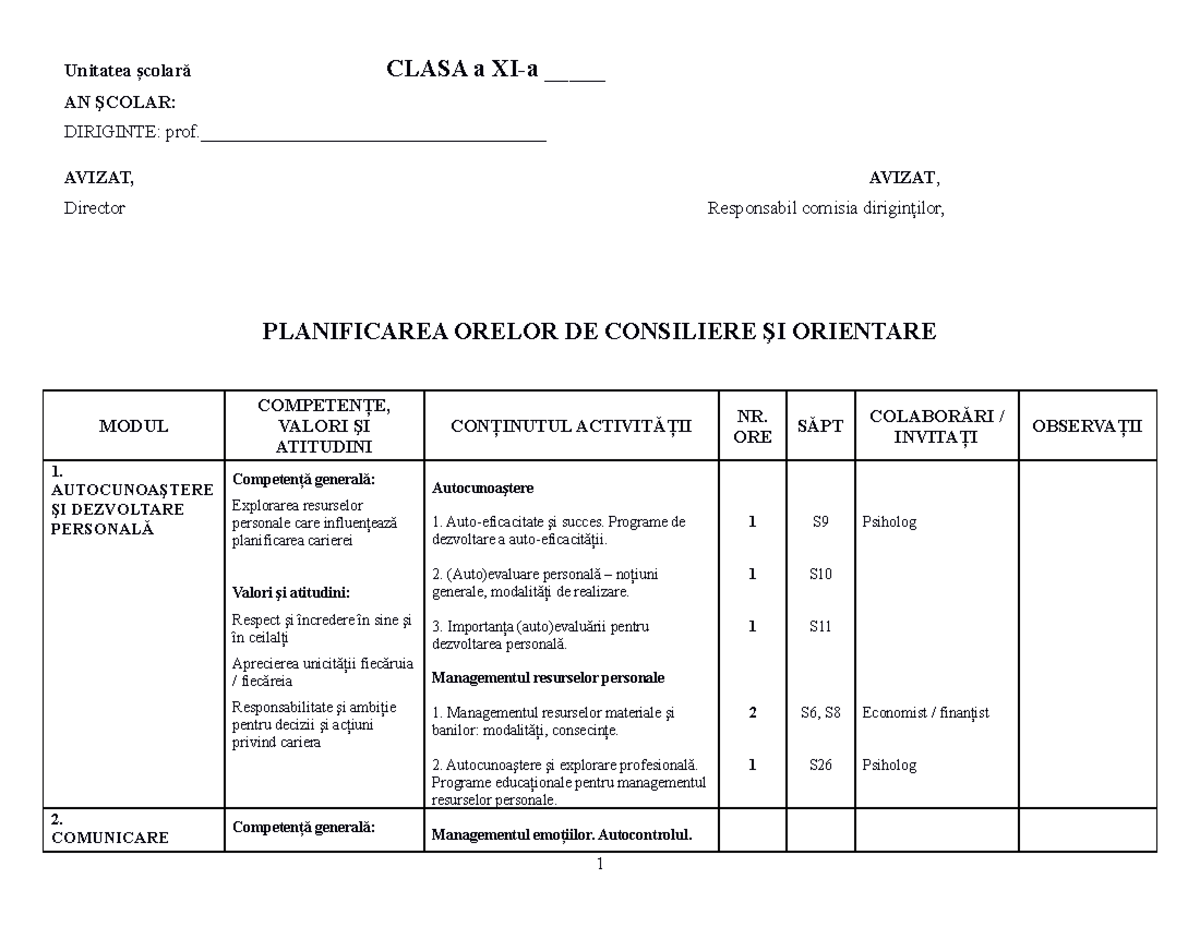 Planificare Dirigenție Cls 11: Ore de Consiliere și Orientare - Studocu