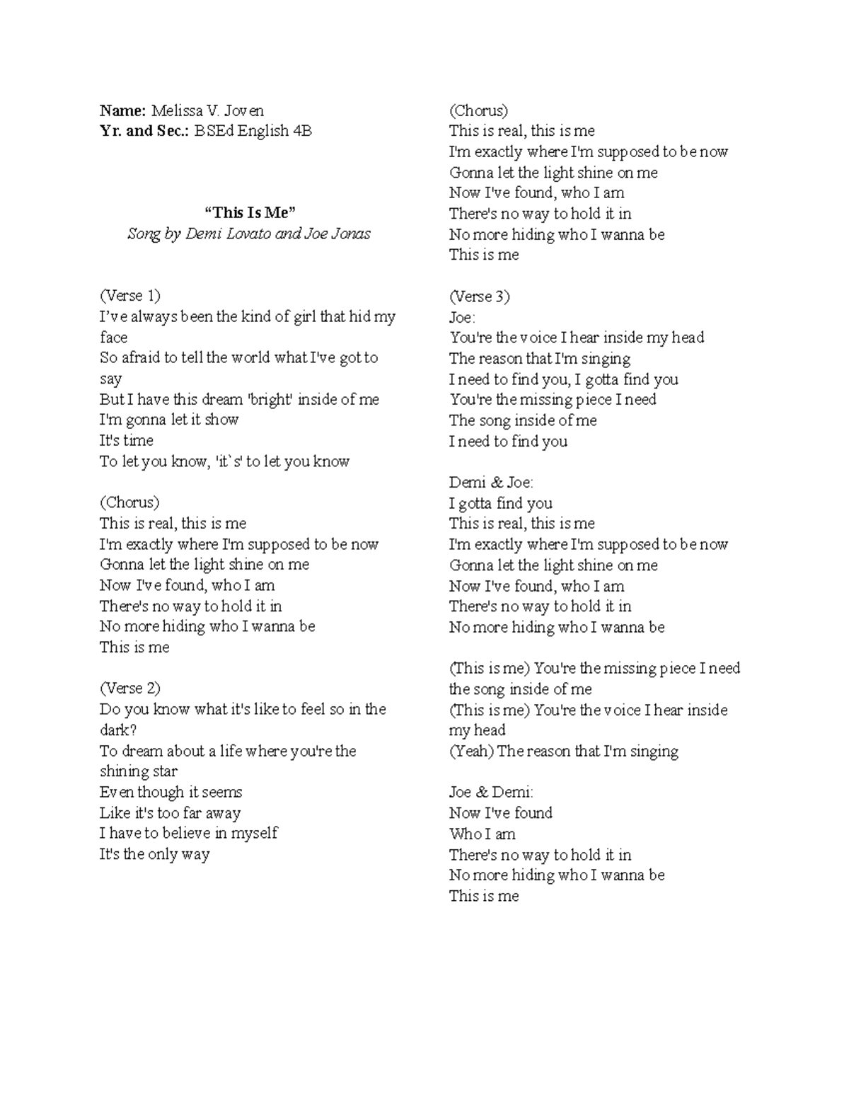 Song analysis of This is Me by Demi Lovato - Name: Melissa V. Joven Yr ...